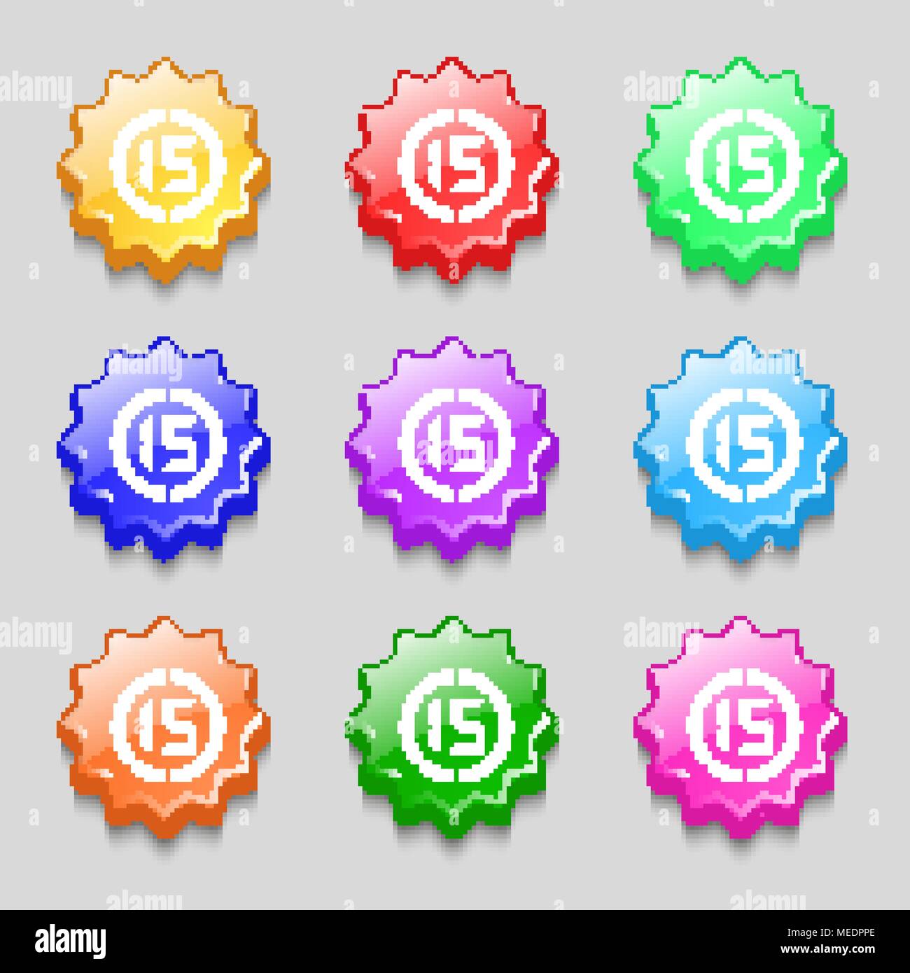 15 second stopwatch icon sign. symbol on nine wavy colourful buttons ...