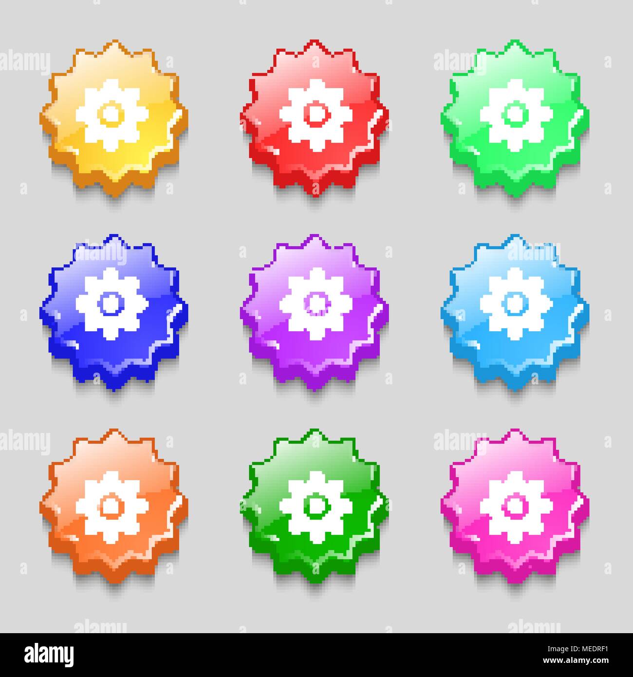Cog settings, Cogwheel gear mechanism icon sign. symbol on nine wavy colourful buttons. Vector ...