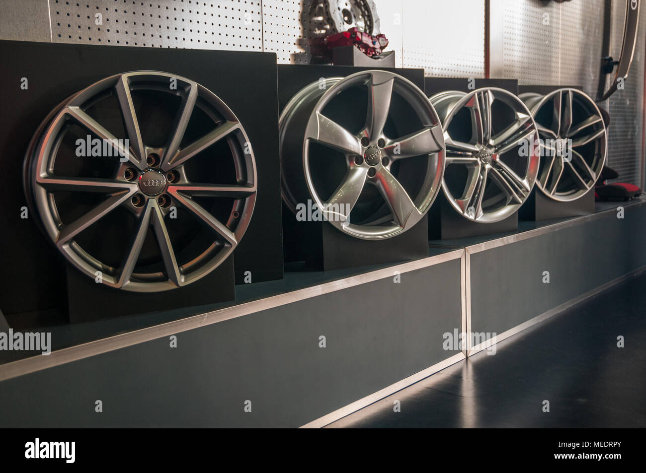 Line up of Audi Sport wheels at an event in Shanghai held at the ...