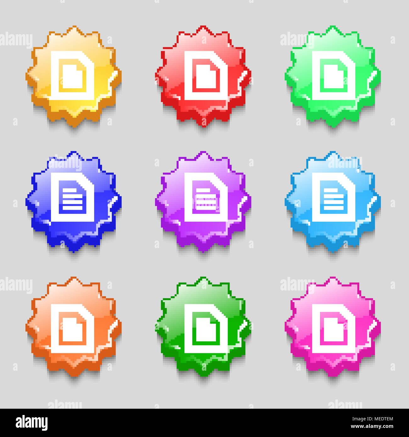 Text File document icon sign. symbol on nine wavy colourful buttons ...