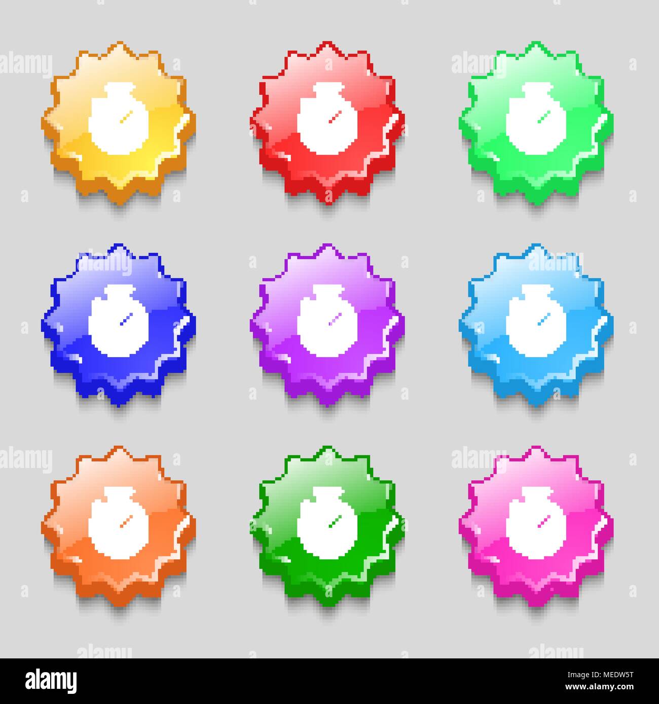 Timer, stopwatch icon sign. symbol on nine wavy colourful buttons ...