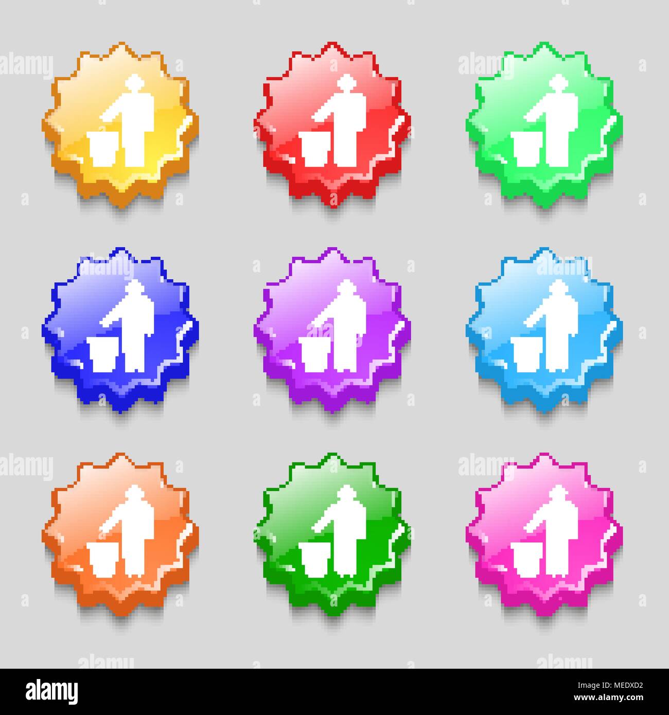 throw away the trash icon sign. symbol on nine wavy colourful buttons ...
