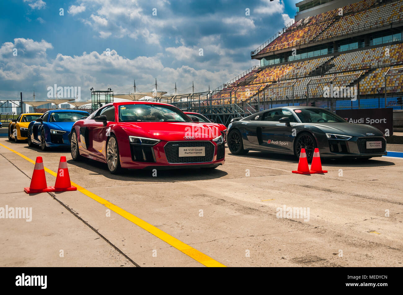 Line up of Audi R8 V10 Coupe Performance cars on the starting grid at ...