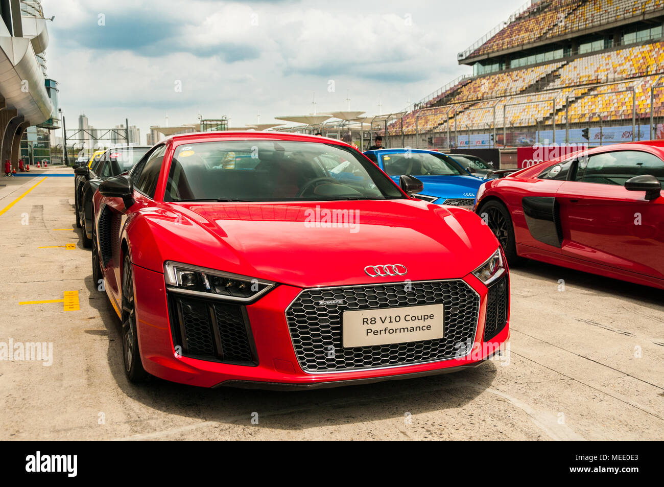 Line up of Audi R8 V10 Coupe Performance cars on the starting grid at ...