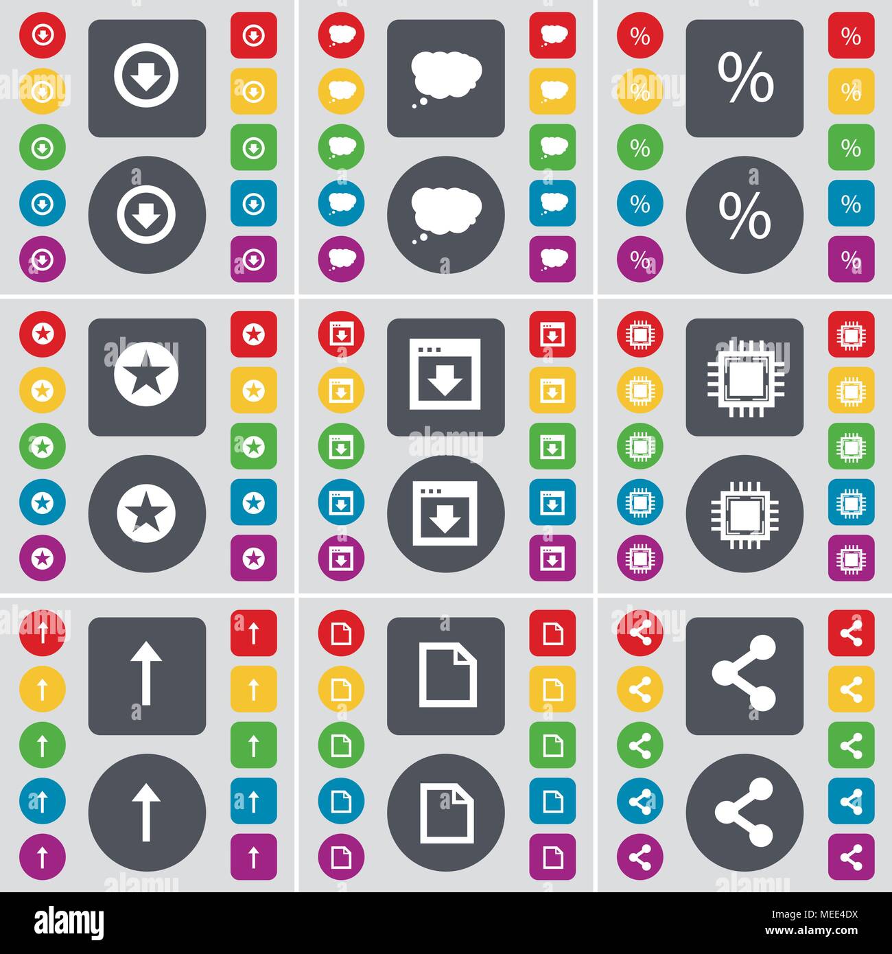 Arrow down, Chat cloud, Percent, Star, Window, Processor, Arrow up, File, Share icon symbol. A ...