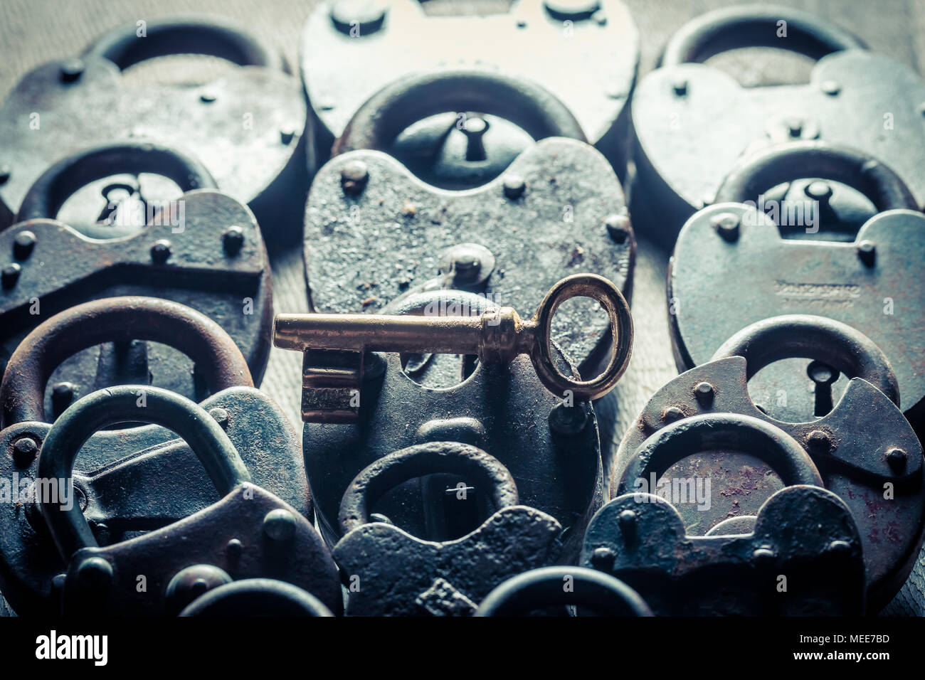 One key and many padlocks as concept image Stock Photo - Alamy