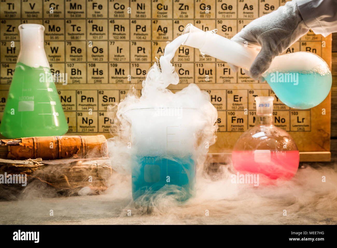 University chemical lab during experiment with periodic table of ...
