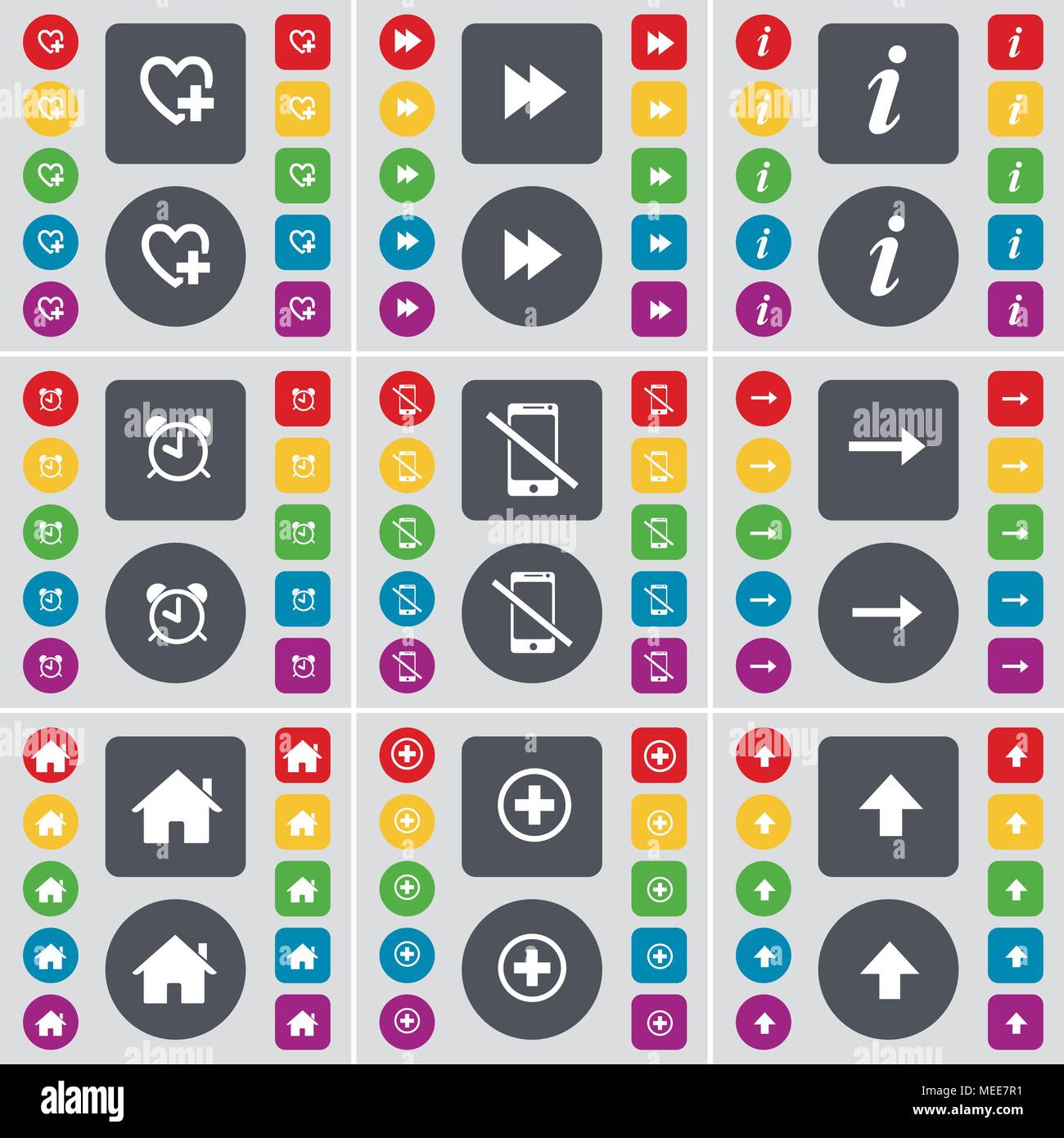 Heart, Rewind, Information, Alarm clock, Smartphone, Arrow right, House ...