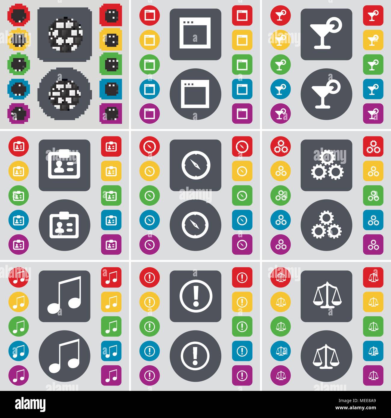 Ball, Window, Cocktail, Contact, Compass, Gear, Note, Exclamation mark ...