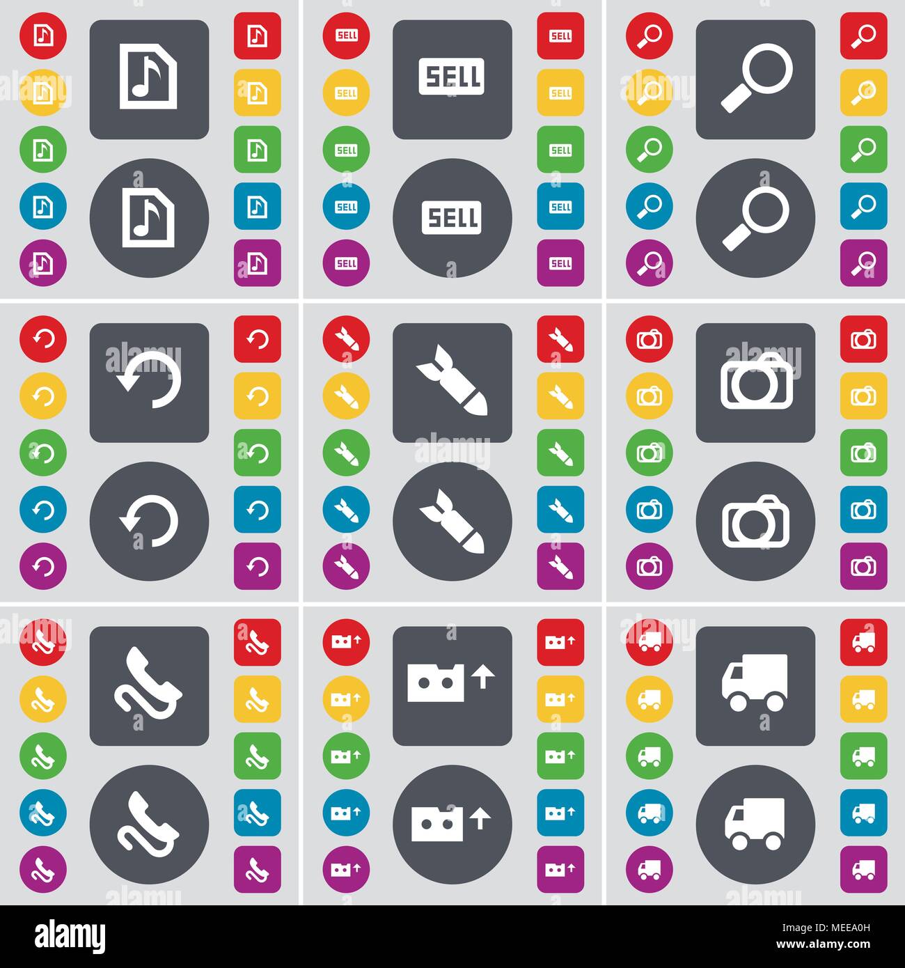 Music file, Sell, Magnifying glass, Reload, Rocket, Camera, Receiver ...