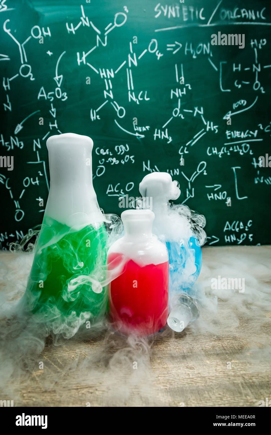 Old school laboratory with beakers chemical formula Stock Photo - Alamy