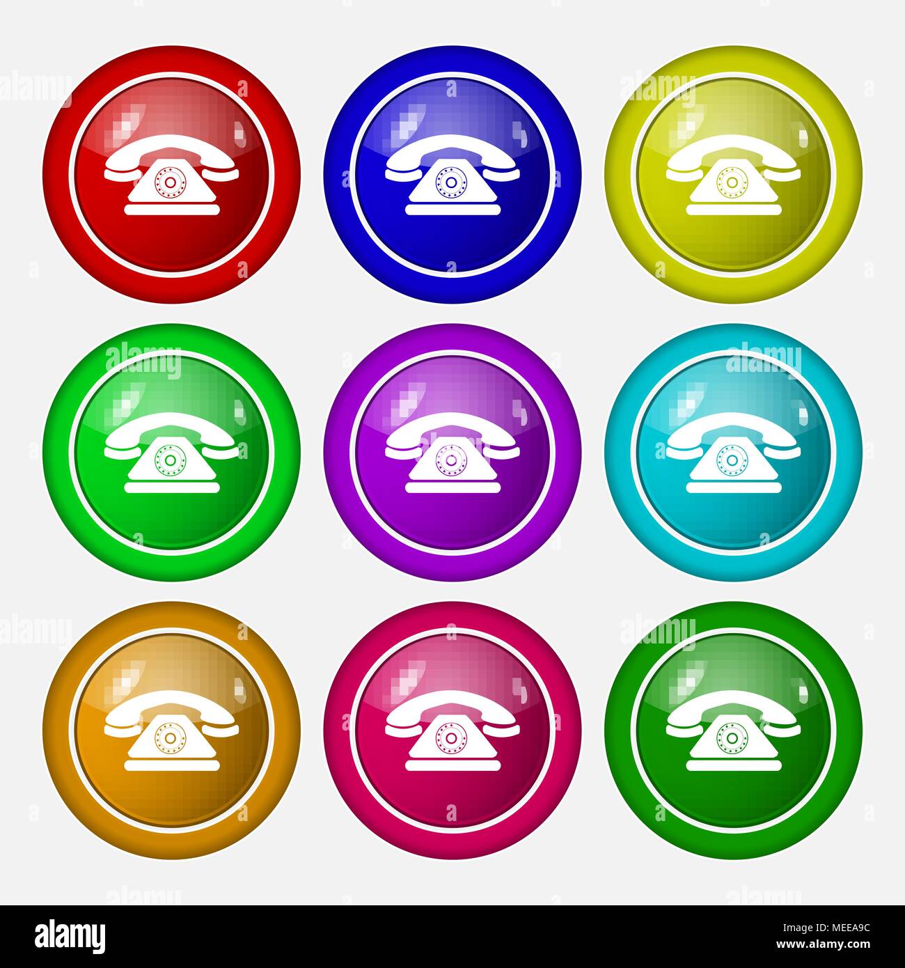 Retro telephone icon sign. symbol on nine round colourful buttons ...