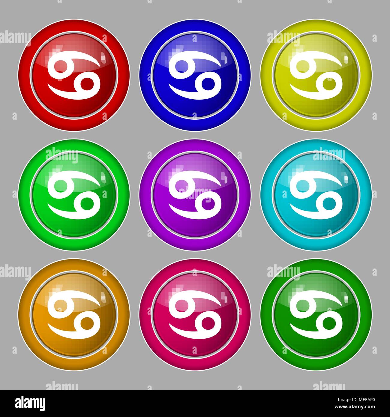 zodiac Cancer icon sign. symbol on nine round colourful buttons. Vector ...