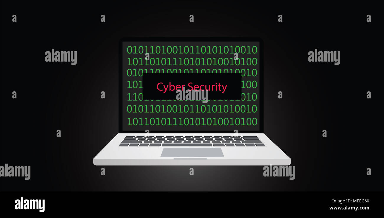 cyber security illustration with laptop and binary code on screen and ...