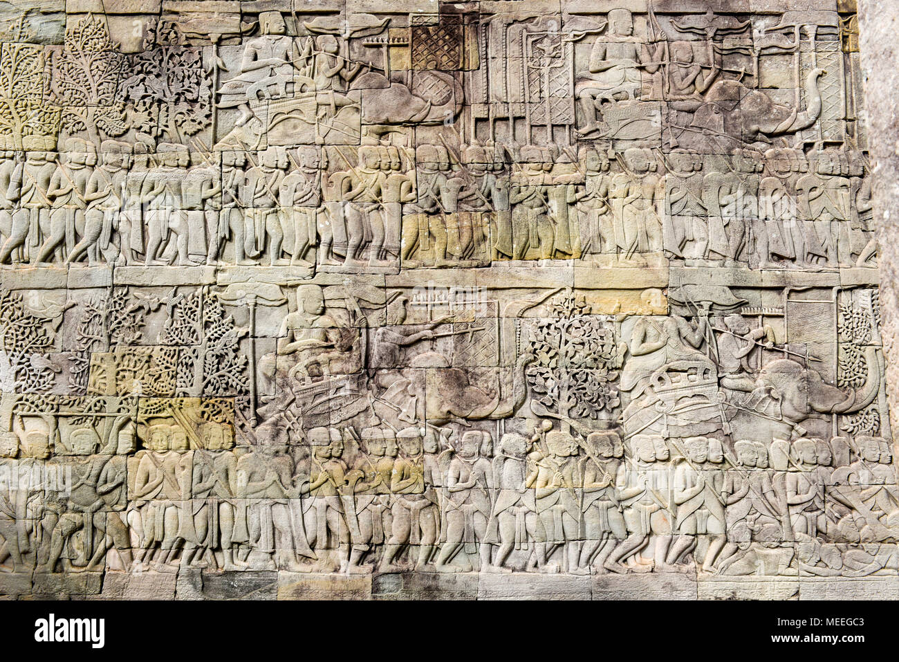 Bas relief sculpture, elephant charging into battle between the Cham ...