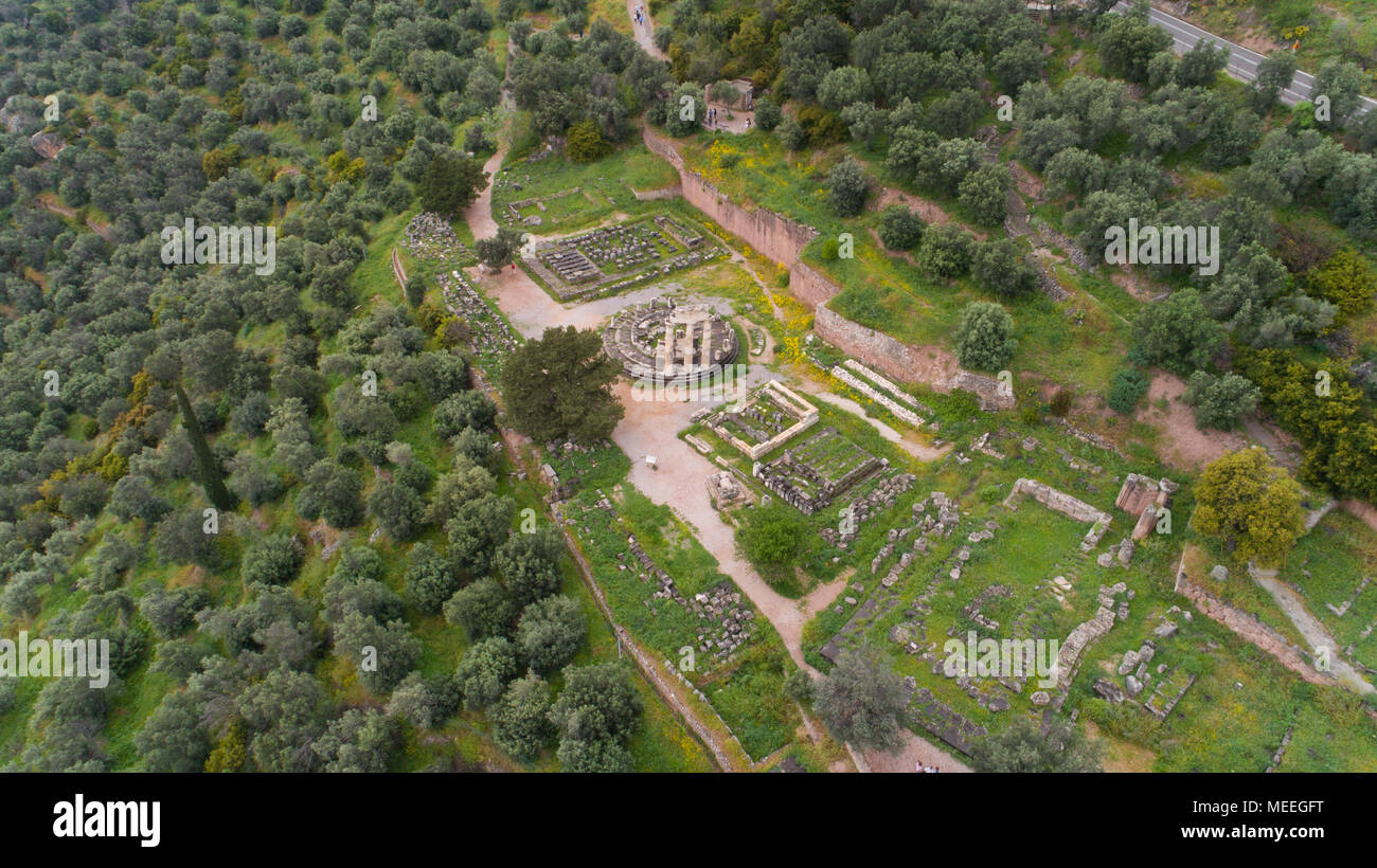 Aerial view of archaeological site of ancient Delphi, site of temple of ...