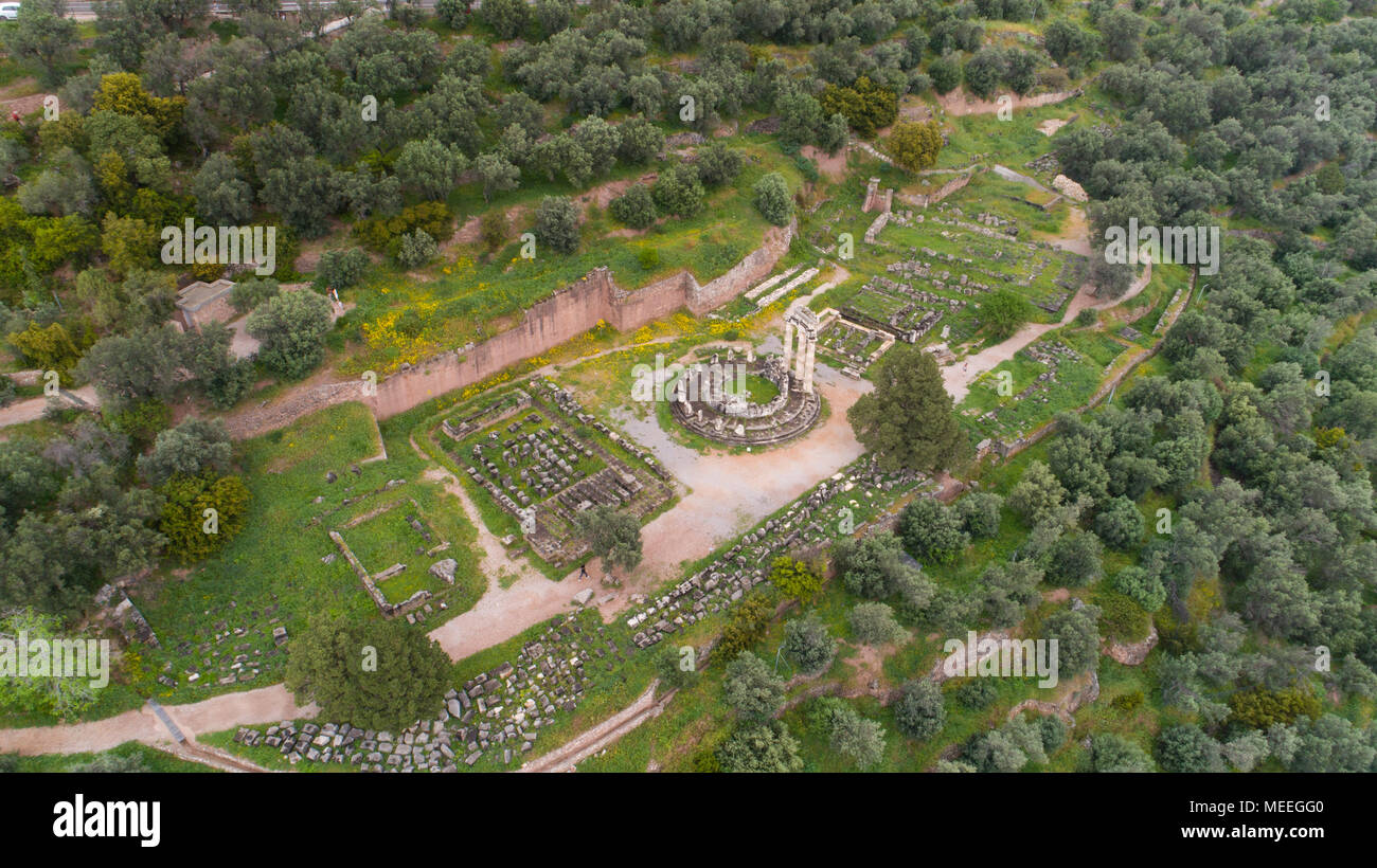 Aerial view of archaeological site of ancient Delphi, site of temple of ...