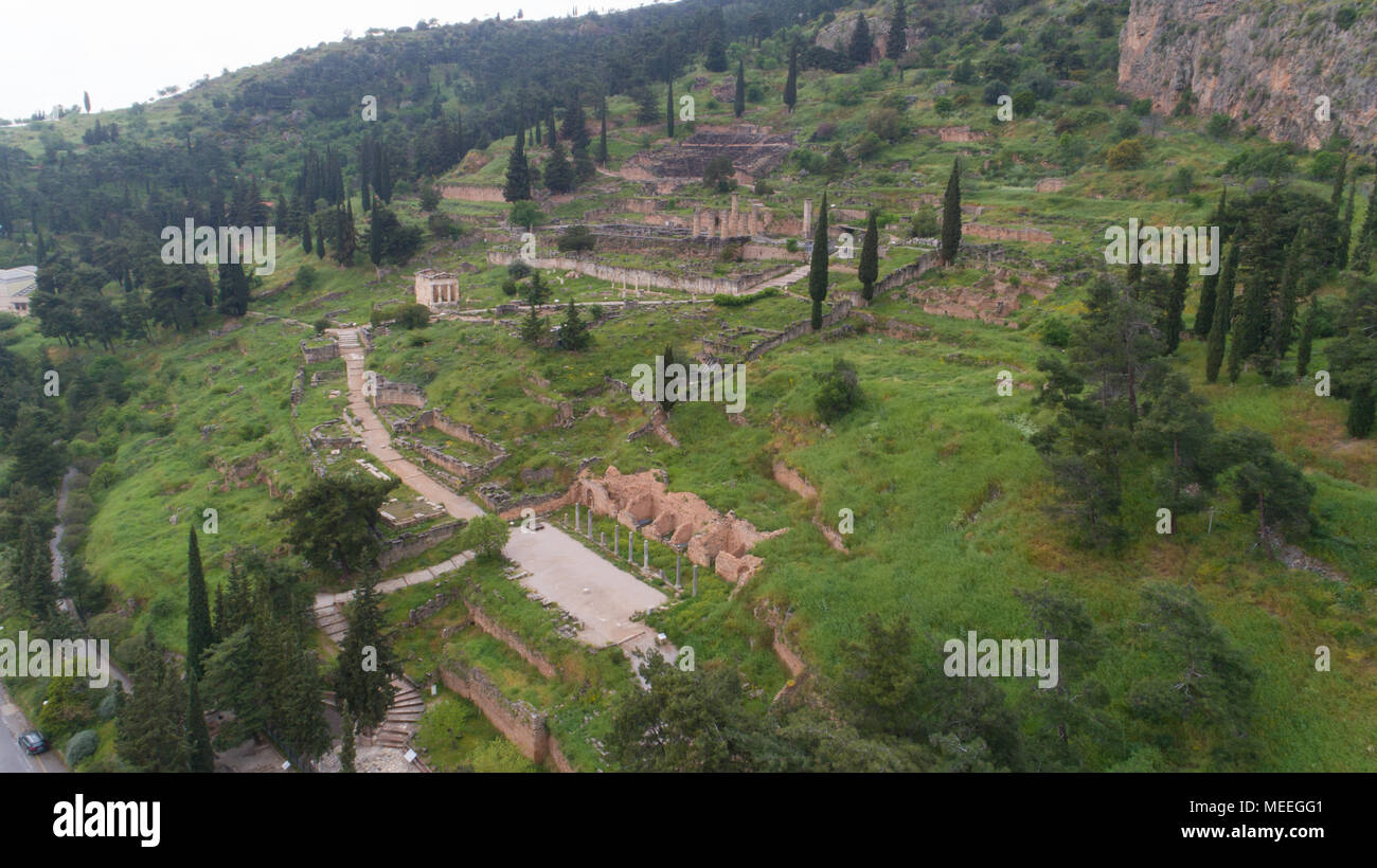 Aerial view of archaeological site of ancient Delphi, site of temple of ...