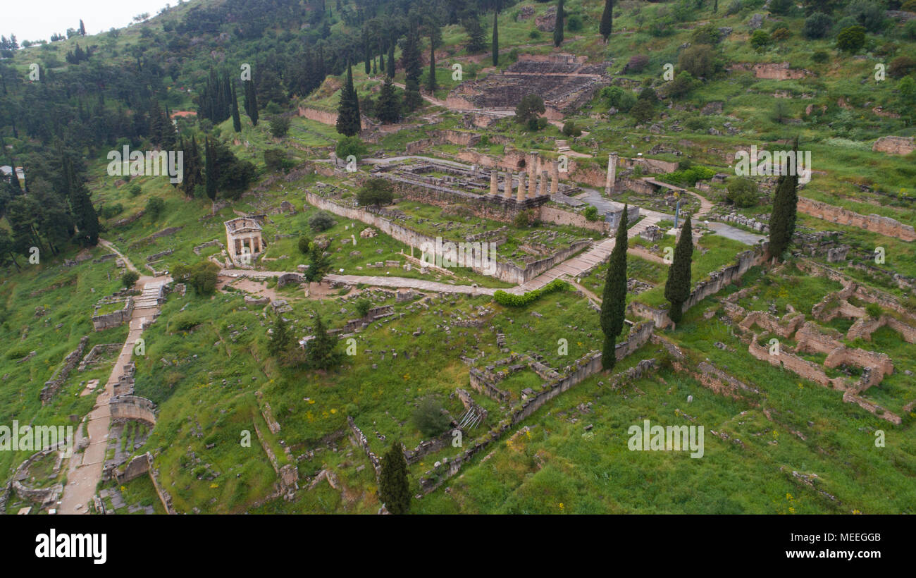 Aerial view of archaeological site of ancient Delphi, site of temple of ...