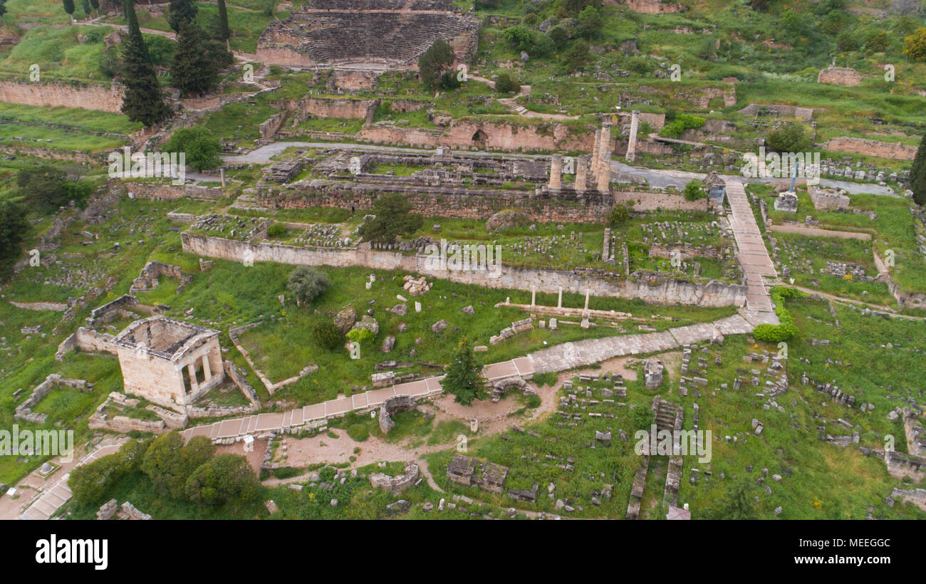 Aerial view of archaeological site of ancient Delphi, site of temple of ...
