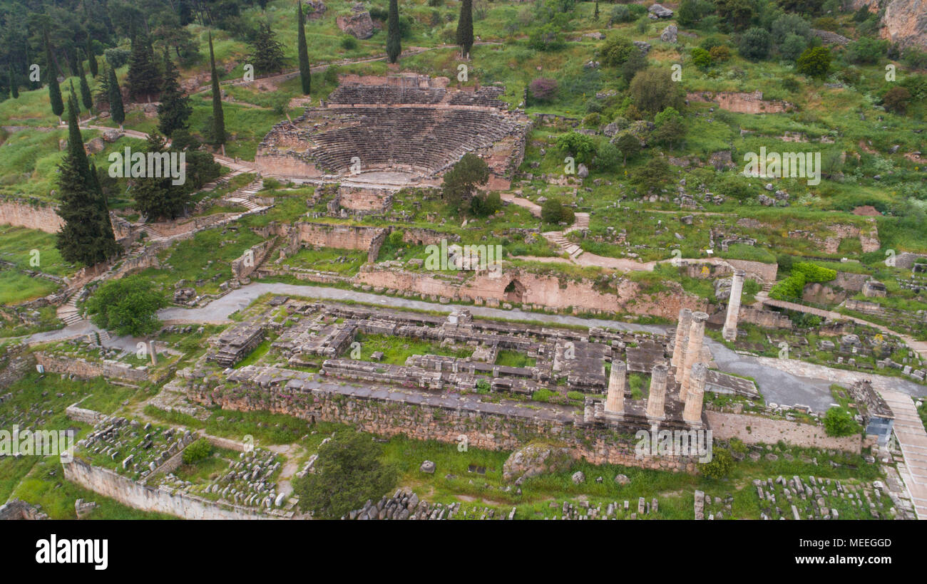 Aerial view of archaeological site of ancient Delphi, site of temple of ...