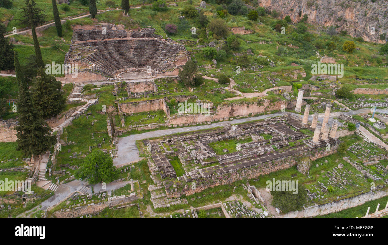 Aerial view of archaeological site of ancient Delphi, site of temple of ...