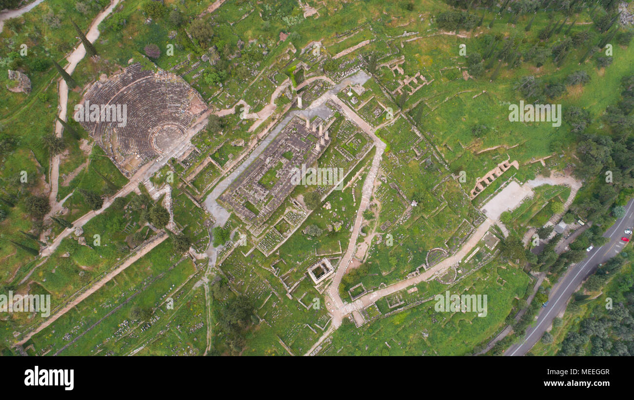 Aerial view of archaeological site of ancient Delphi, site of temple of ...