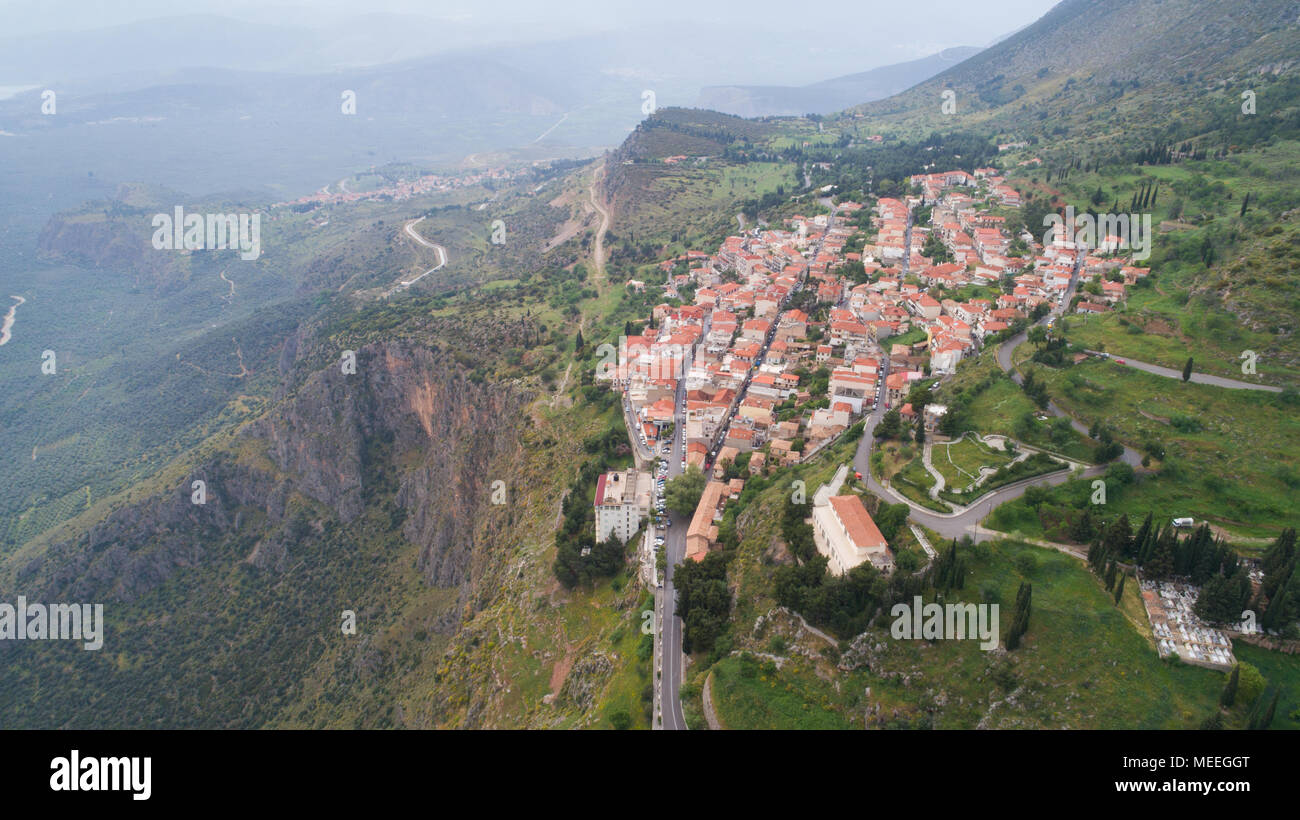 Aerial view of modern Delphi town, near archaeological site of ancient ...