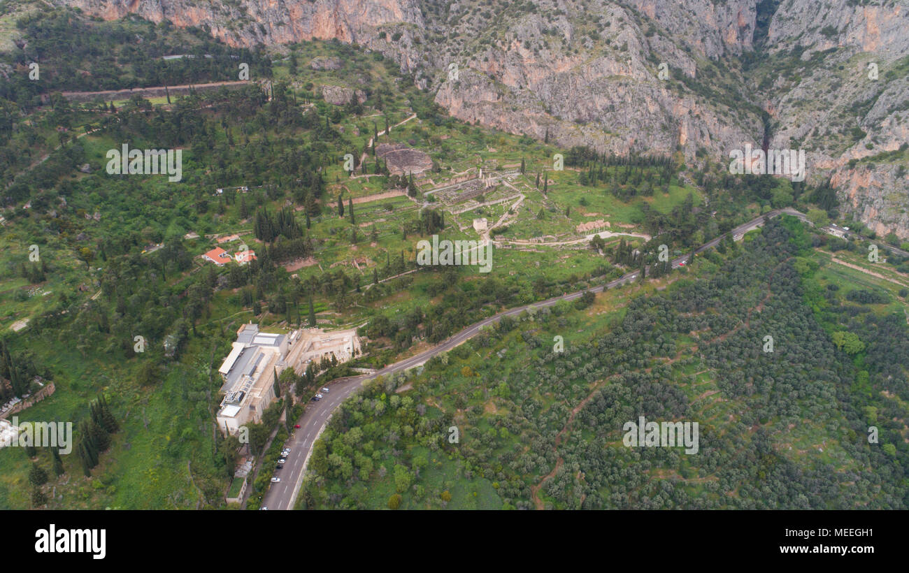 Aerial view of archaeological site of ancient Delphi, site of temple of ...