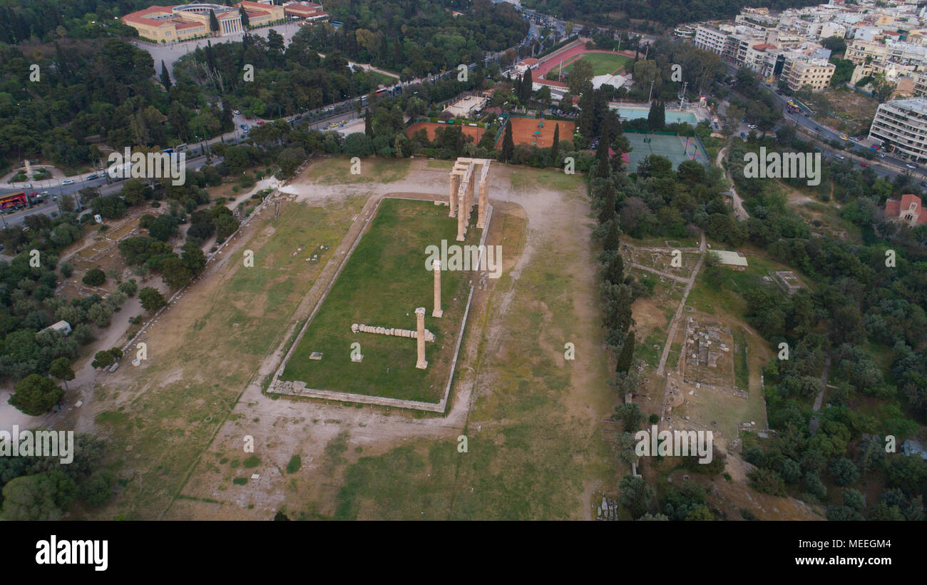 aerial view of Temple of Zeus at Olympia in Athens and modern part of ...