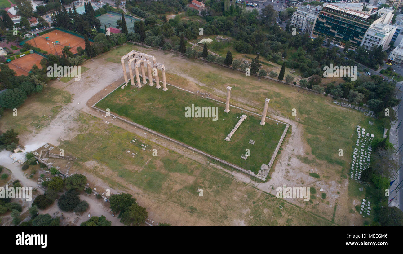 aerial view of Temple of Zeus at Olympia in Athens and modern part of ...
