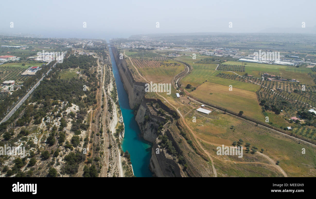 Aerial view of famous Corinth Canal of Isthmus, Peloponnese Stock Photo ...