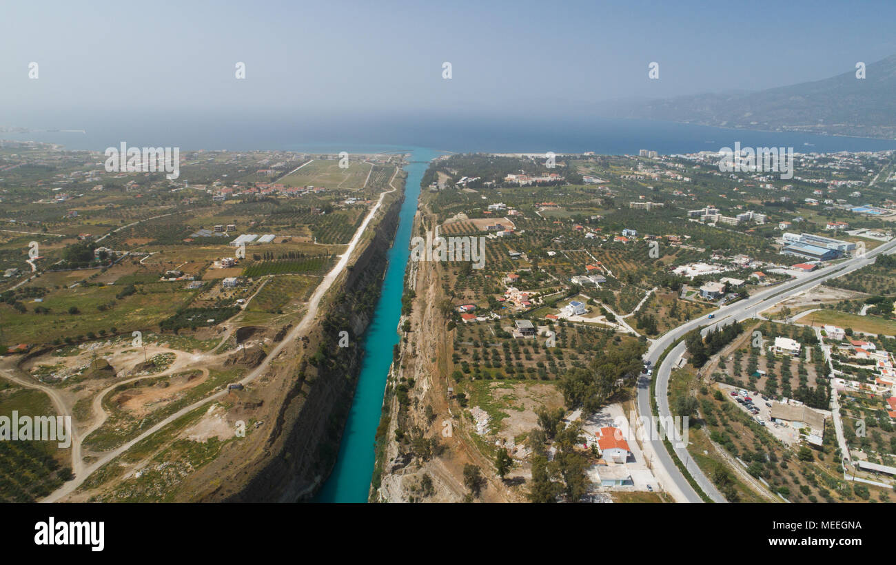 Aerial view of famous Corinth Canal of Isthmus, Peloponnese Stock Photo ...