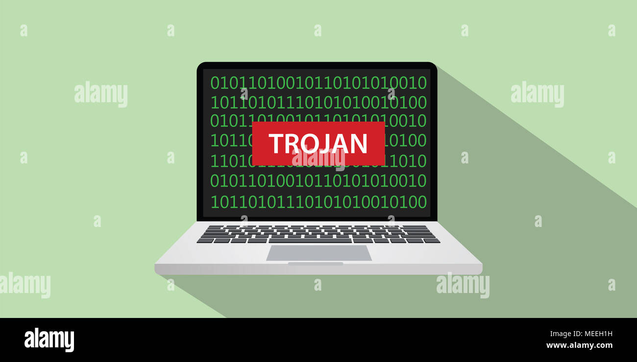 trojan hacking illustration with laptop and red sign on laptop screen ...