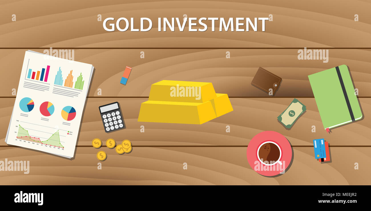 gold investment with gold bar with graph paper work and wooden table as ...