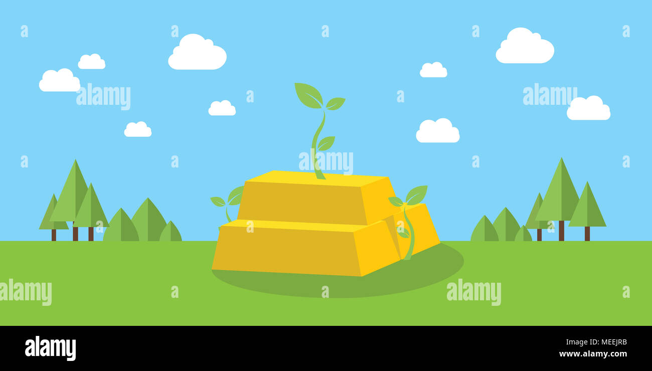 gold business growth investment with growing plant and mountain green ...