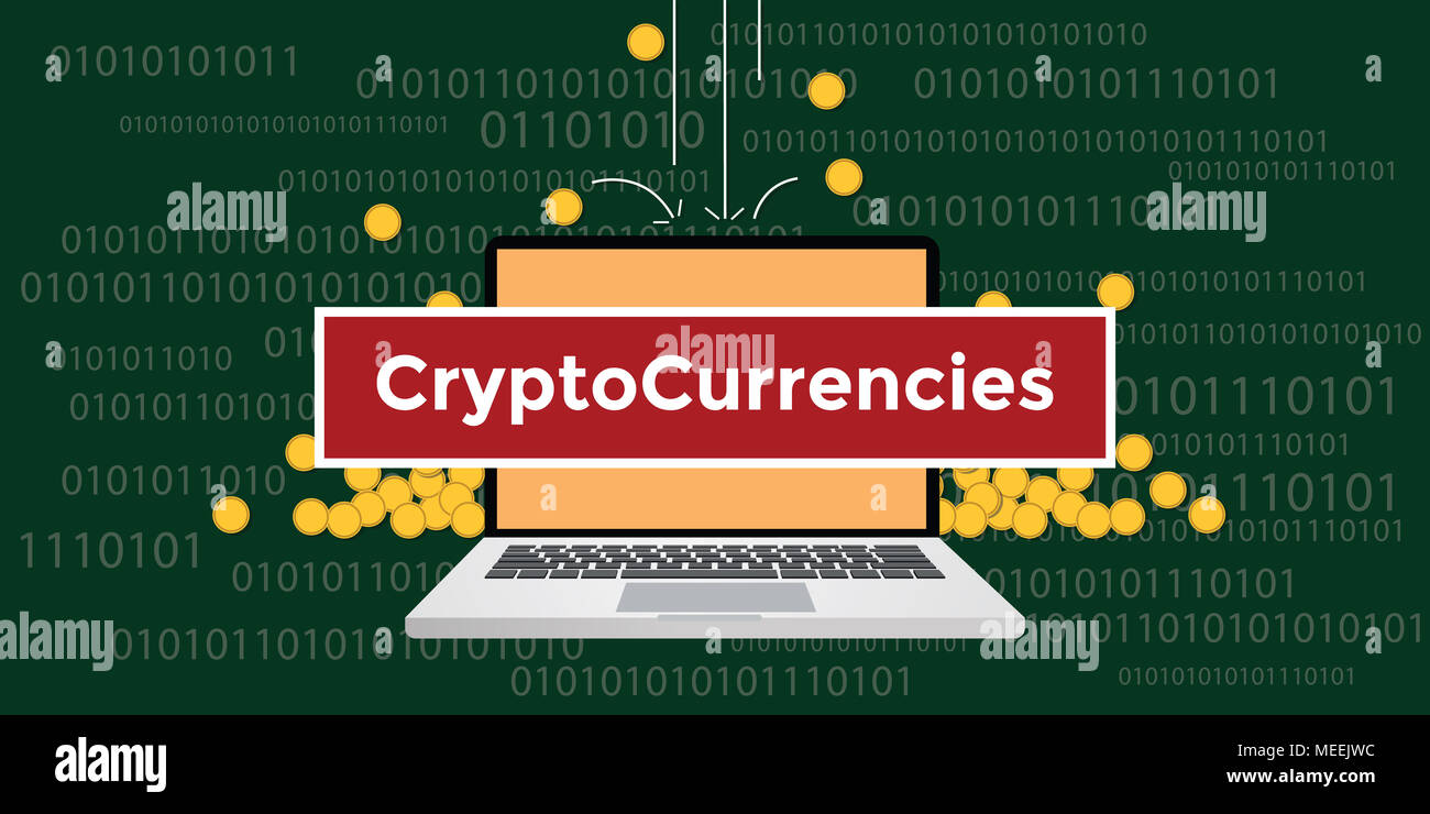 cryptocurrency concept with laptop and text with gold coin money fall ...