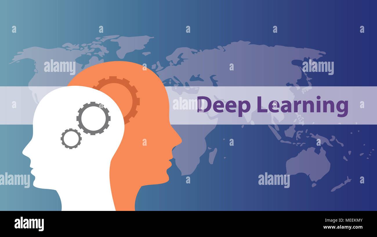 a deep learning concept illustration with human robotic head and map as ...