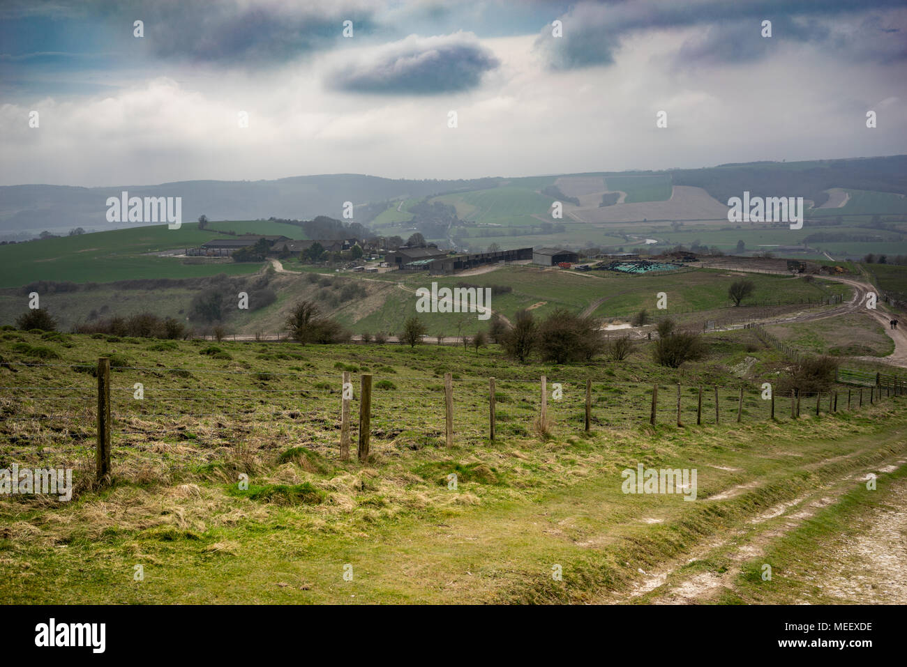 Rural landscape seen from the South Downs footpath in West Sussex near ...