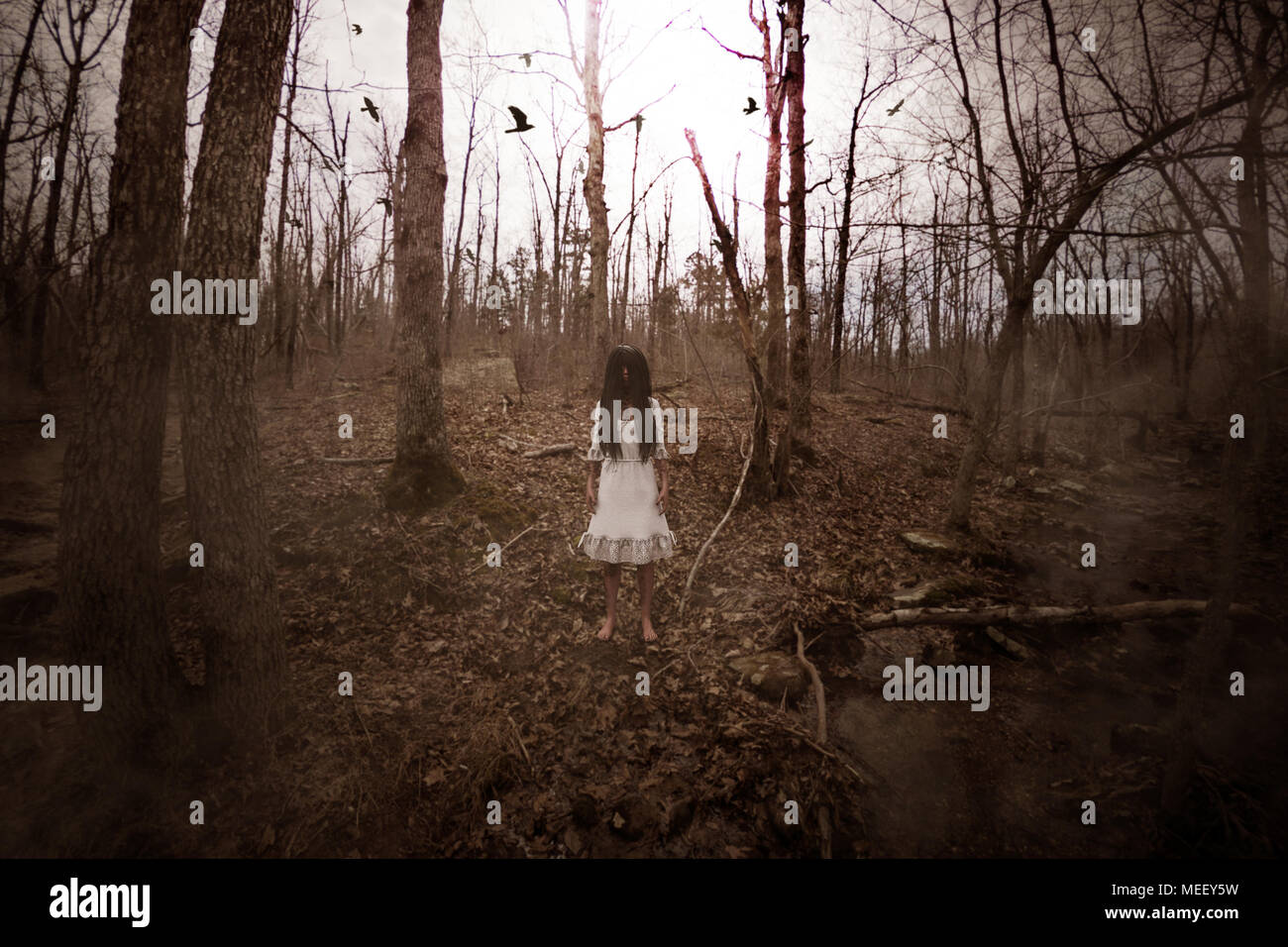 Forest of the darkness,3d illustration of ghost girl in white dress in ...