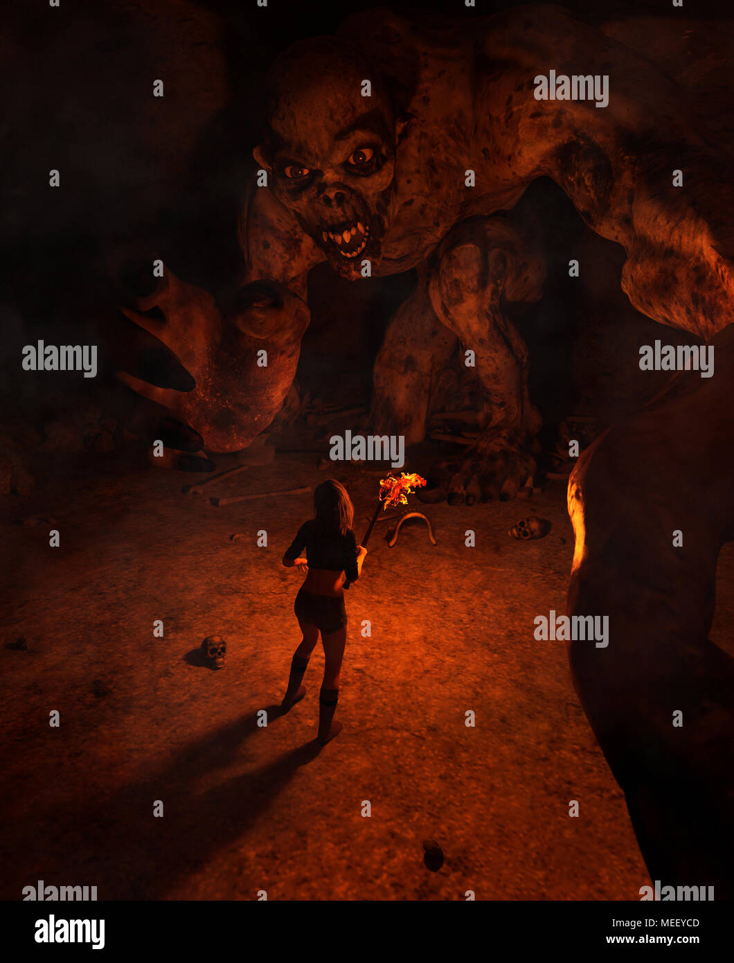 3d illustration of the girl with torchlight discover a monster in ...