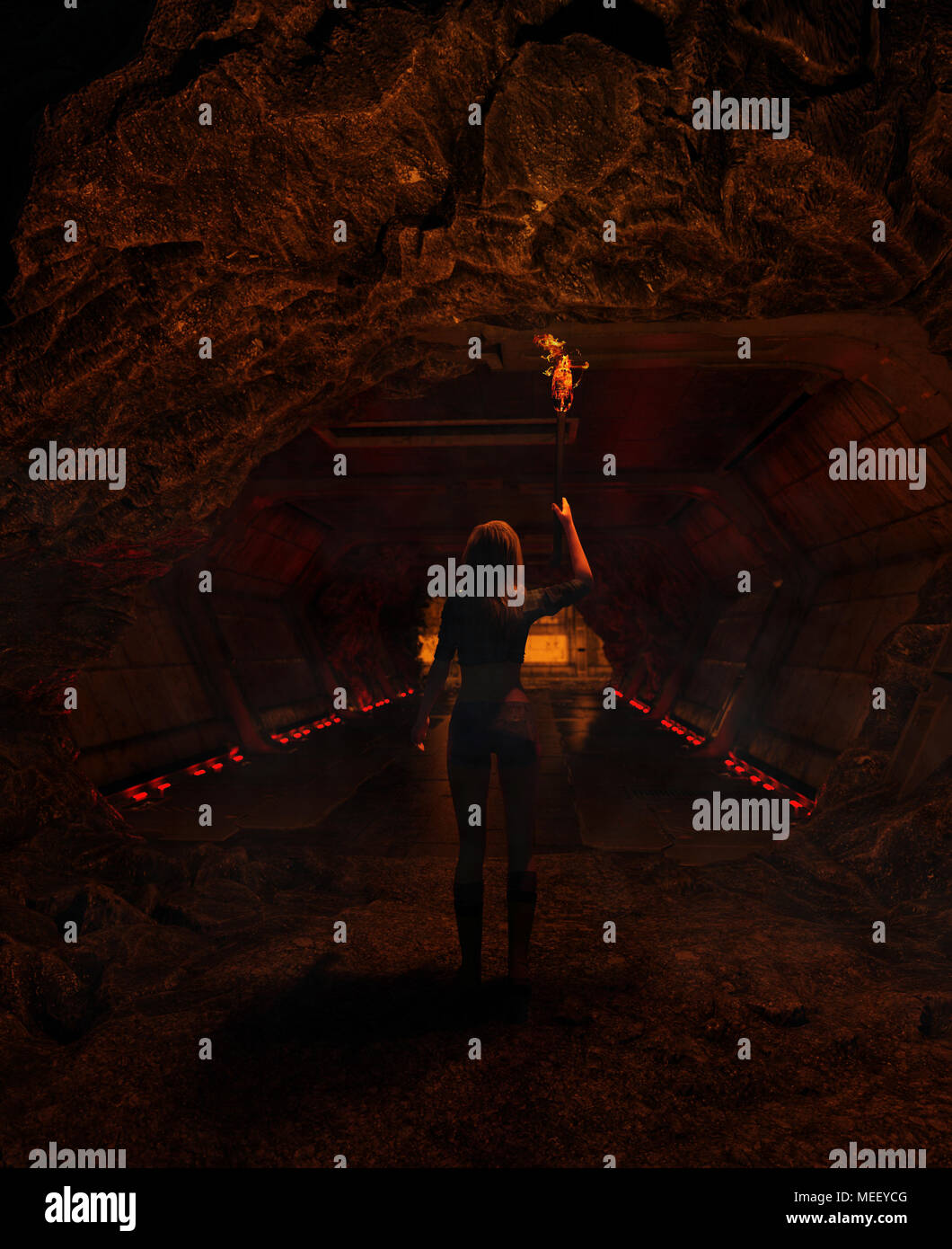 3d illustration of the girl with torchlight discover a derelict sci-fi ...