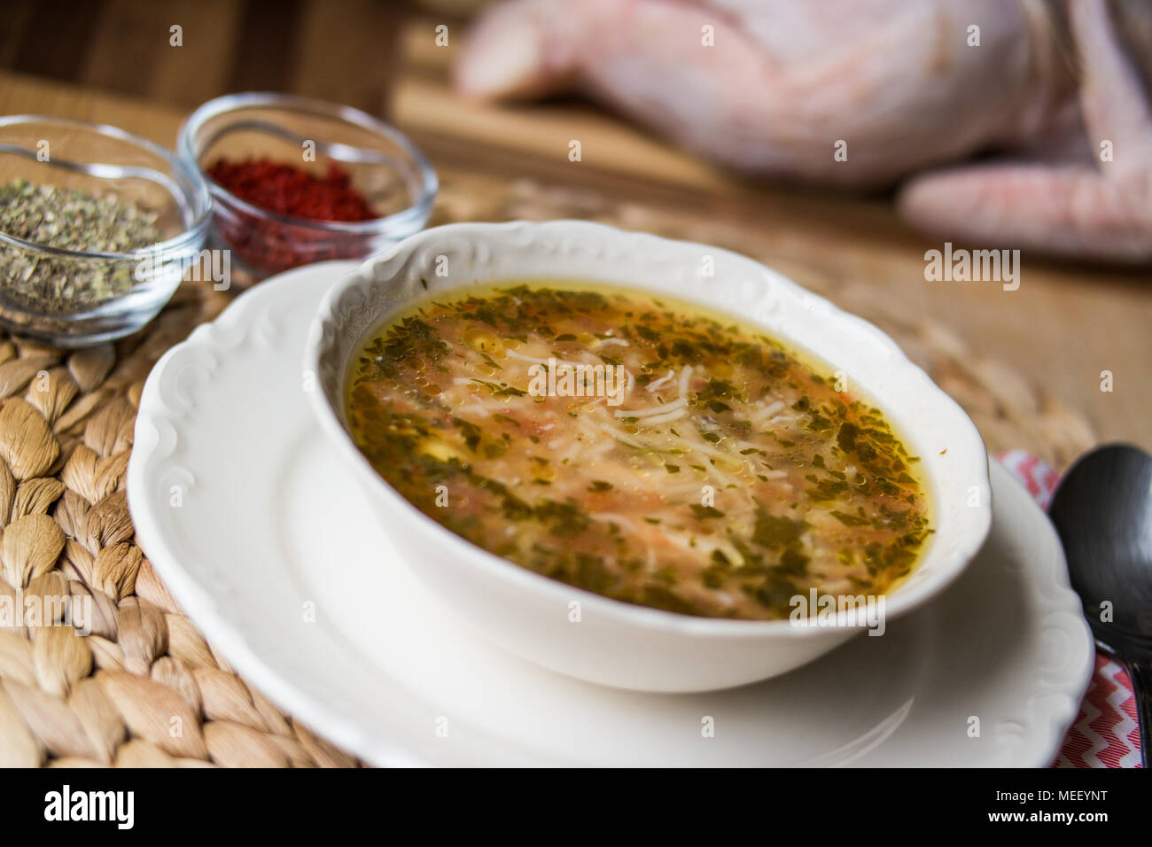 Traditional turkish chicken broth soup Stock Photo - Alamy