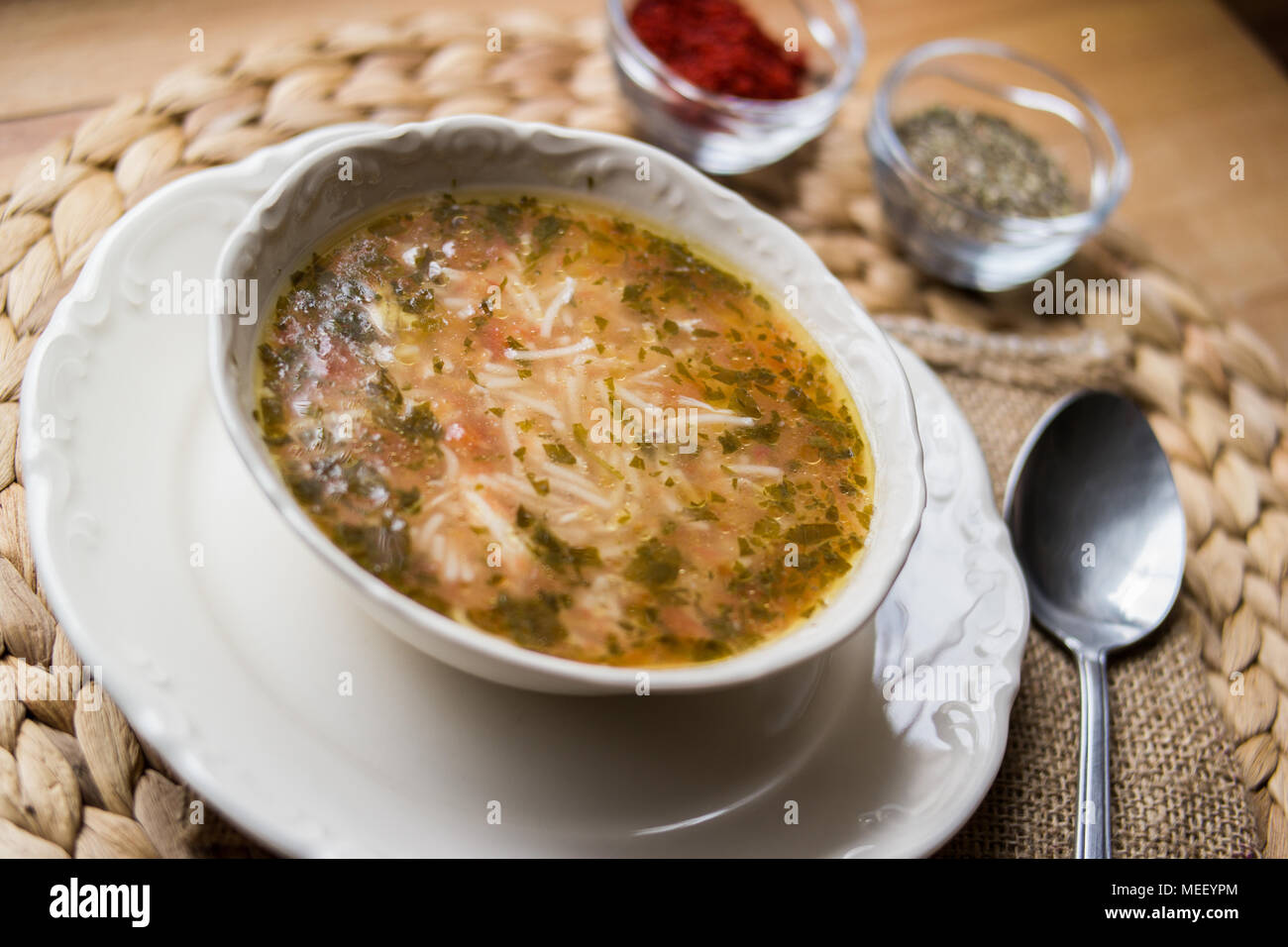Traditional turkish chicken broth soup Stock Photo - Alamy
