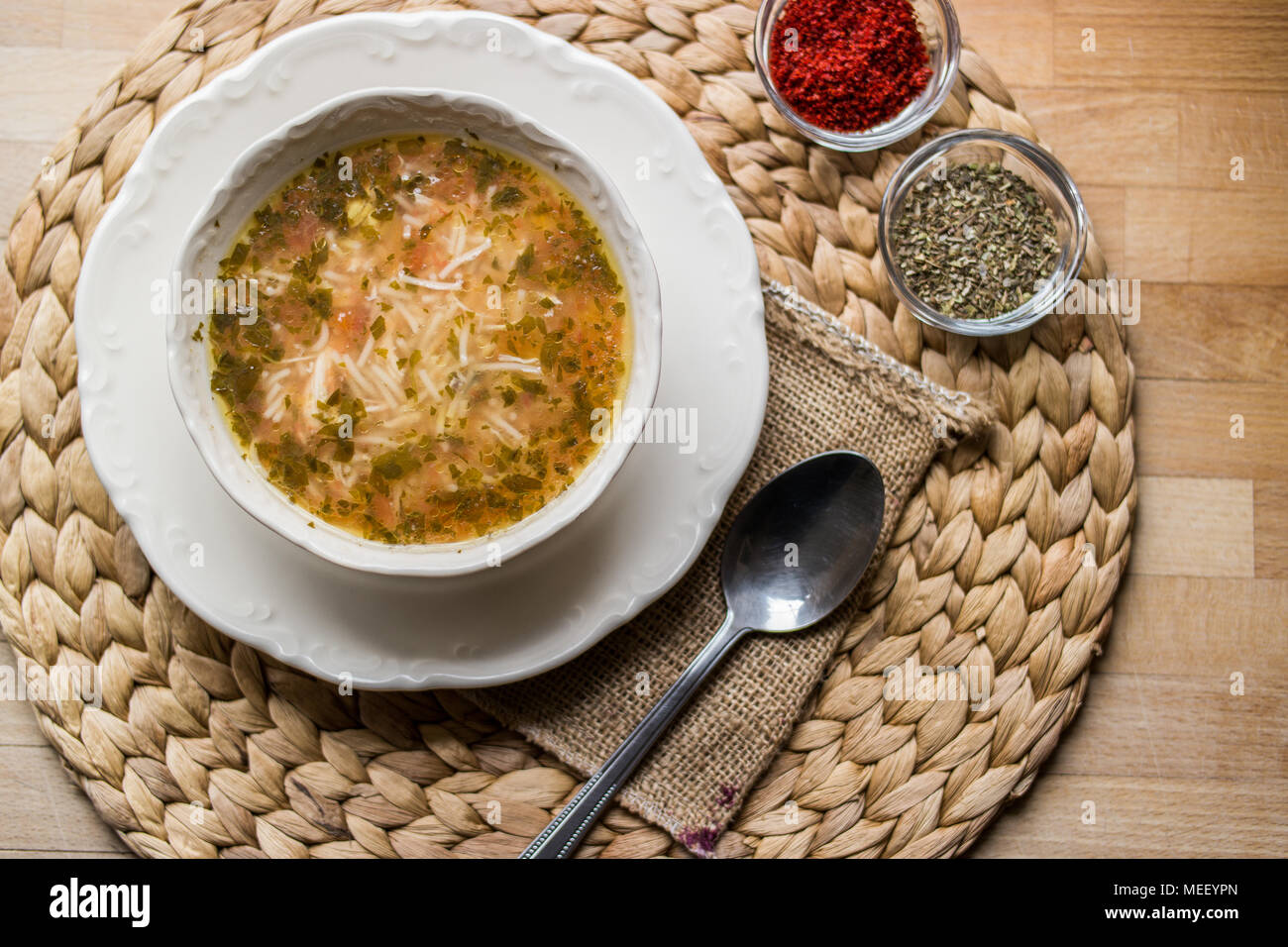 Traditional turkish chicken broth soup Stock Photo - Alamy
