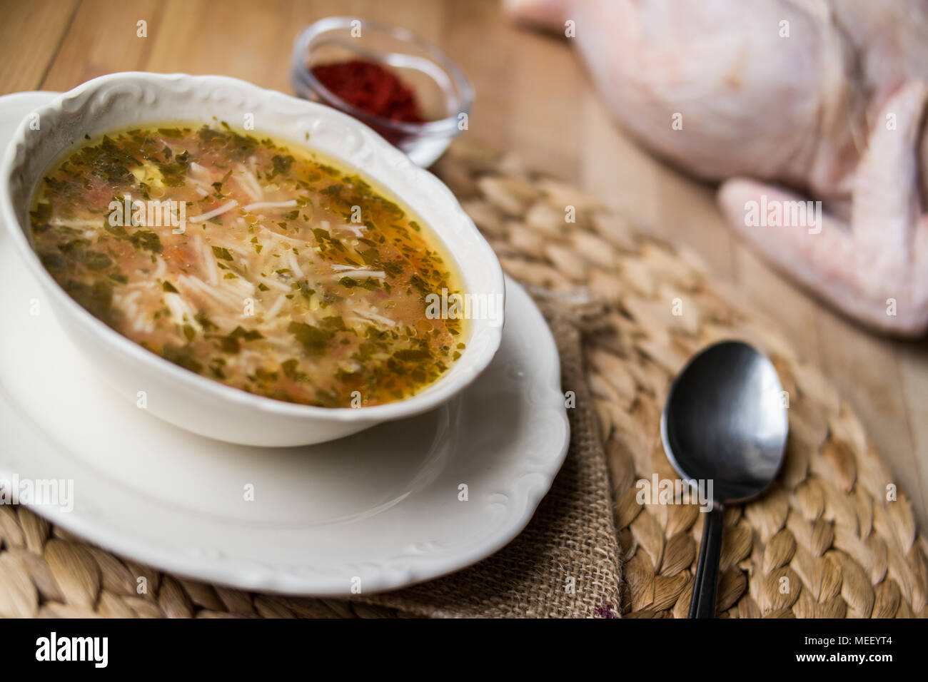 Traditional turkish chicken broth soup Stock Photo - Alamy