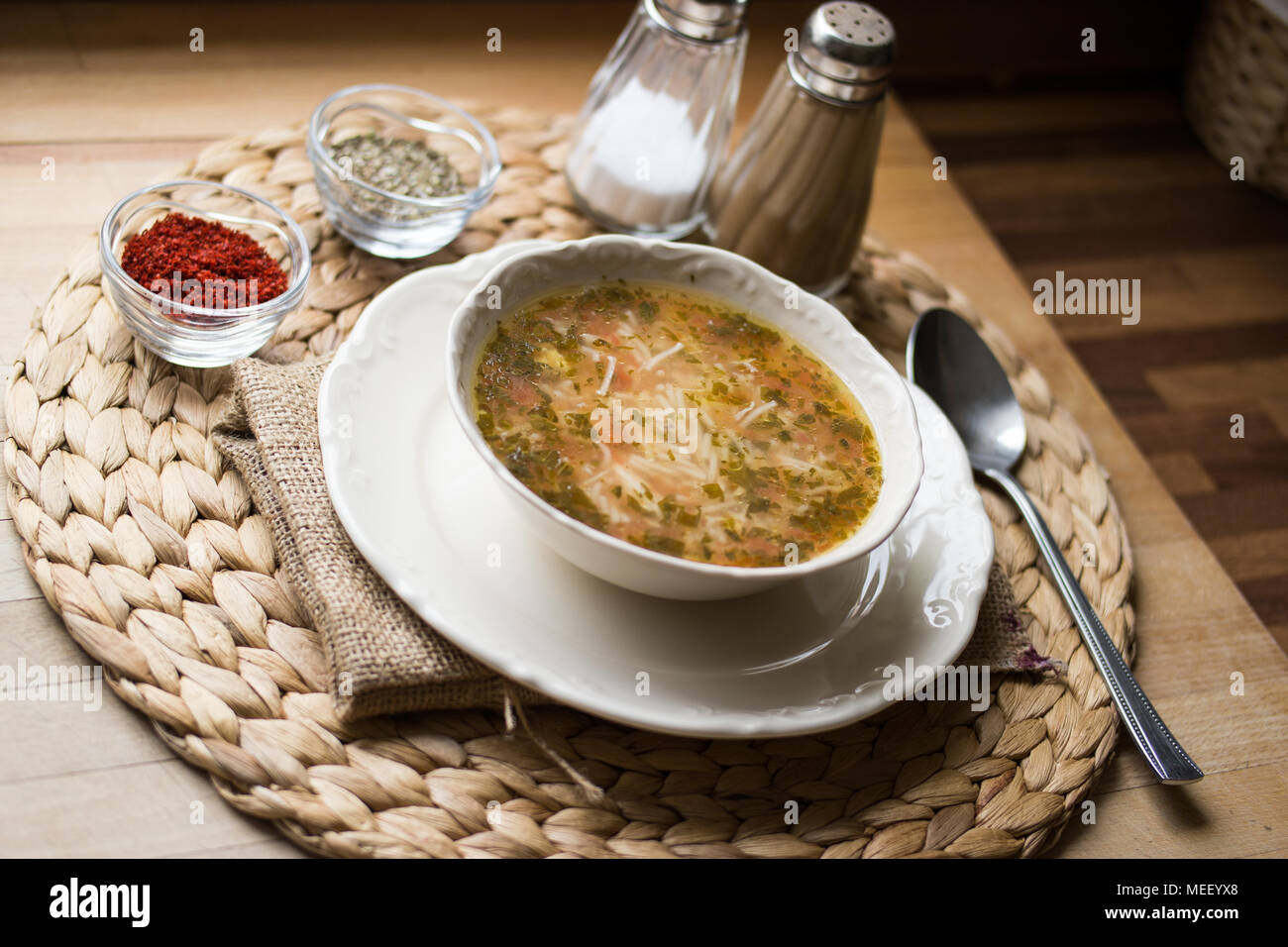 Traditional turkish chicken broth soup Stock Photo - Alamy