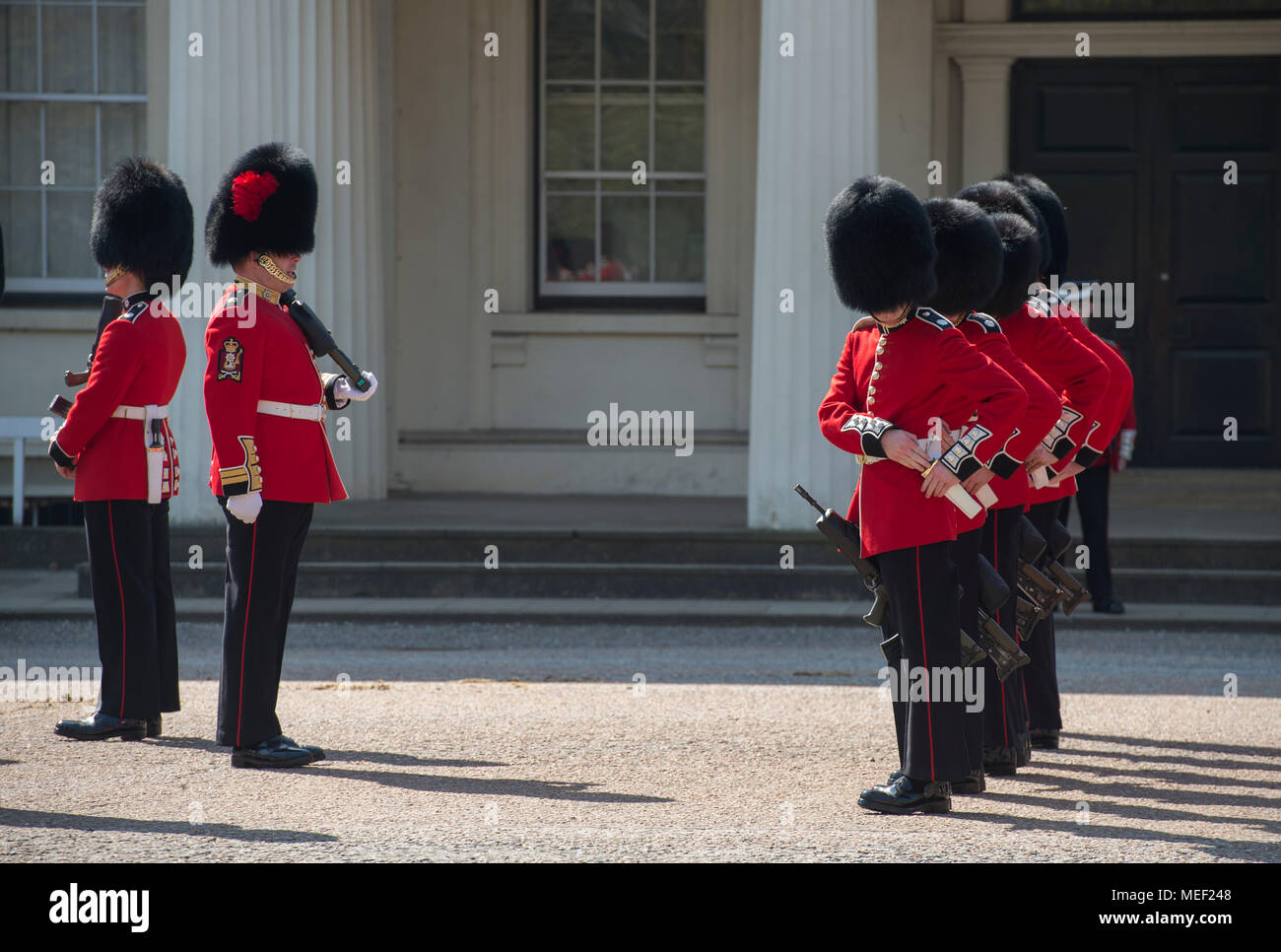 Daily inspection of Guardsmen at Wellington Barracks parade ground ...