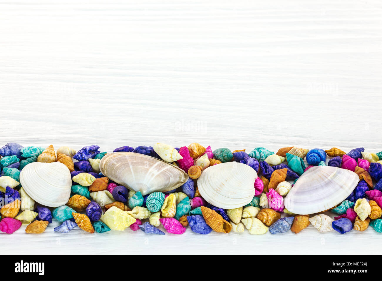 summer background. colorful seashells border on white painted wooden ...