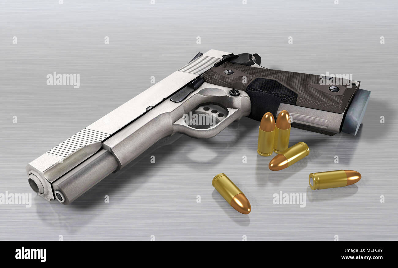 Handgun and bullets on metallic background Stock Photo - Alamy